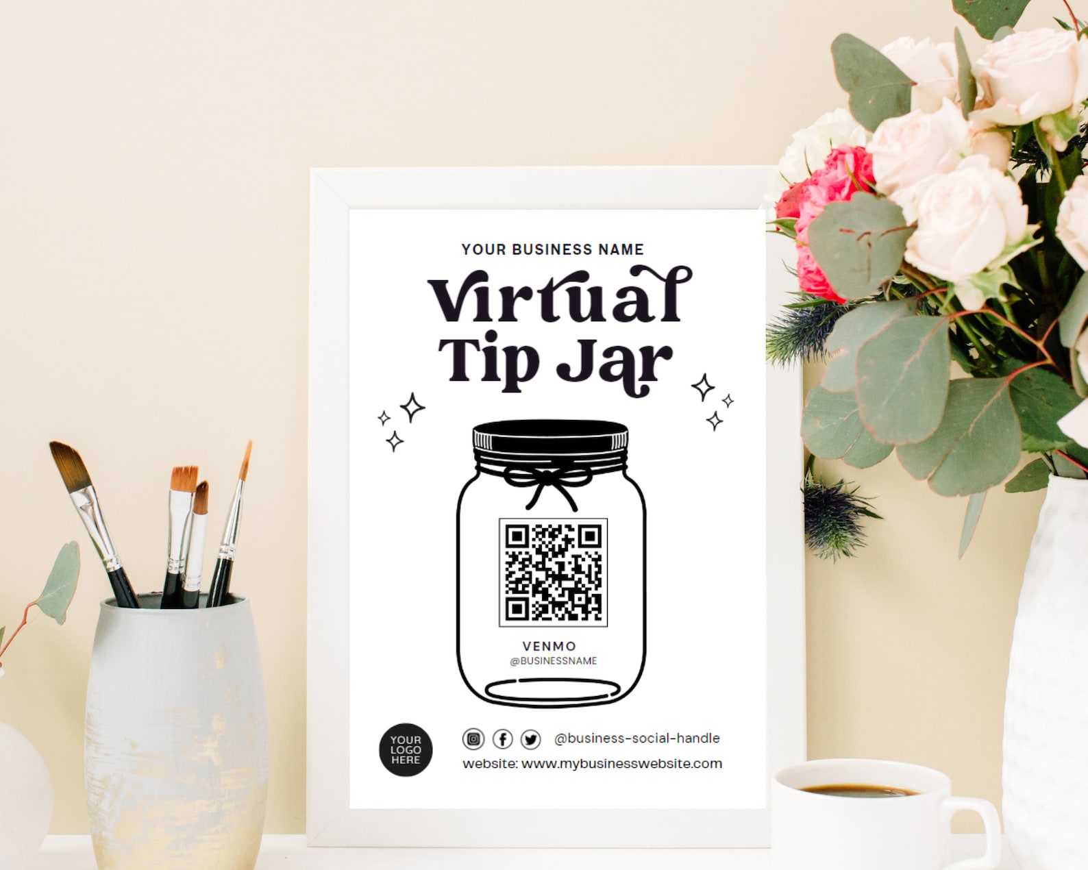Virtual Tip Jar Sign Template, QR Code Sign Template, Venmo Payment ...