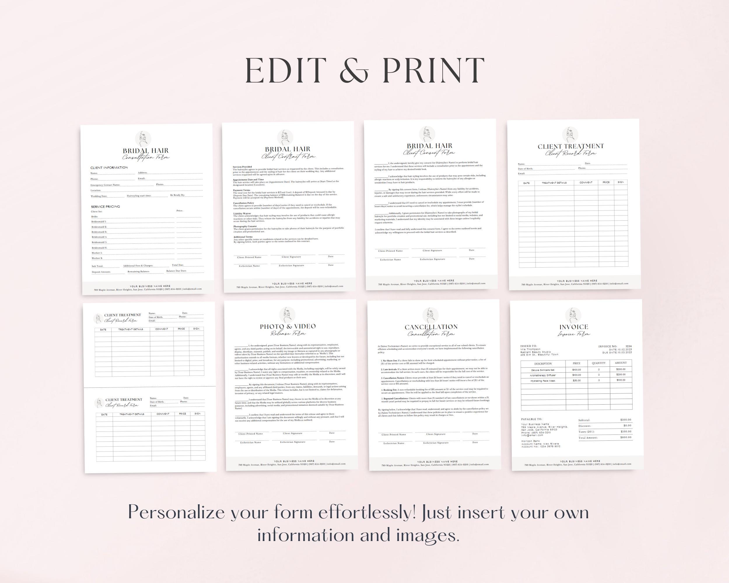 Bridal Hair Templates, Printable Bridal Hair Consent Forms, Beauty ...
