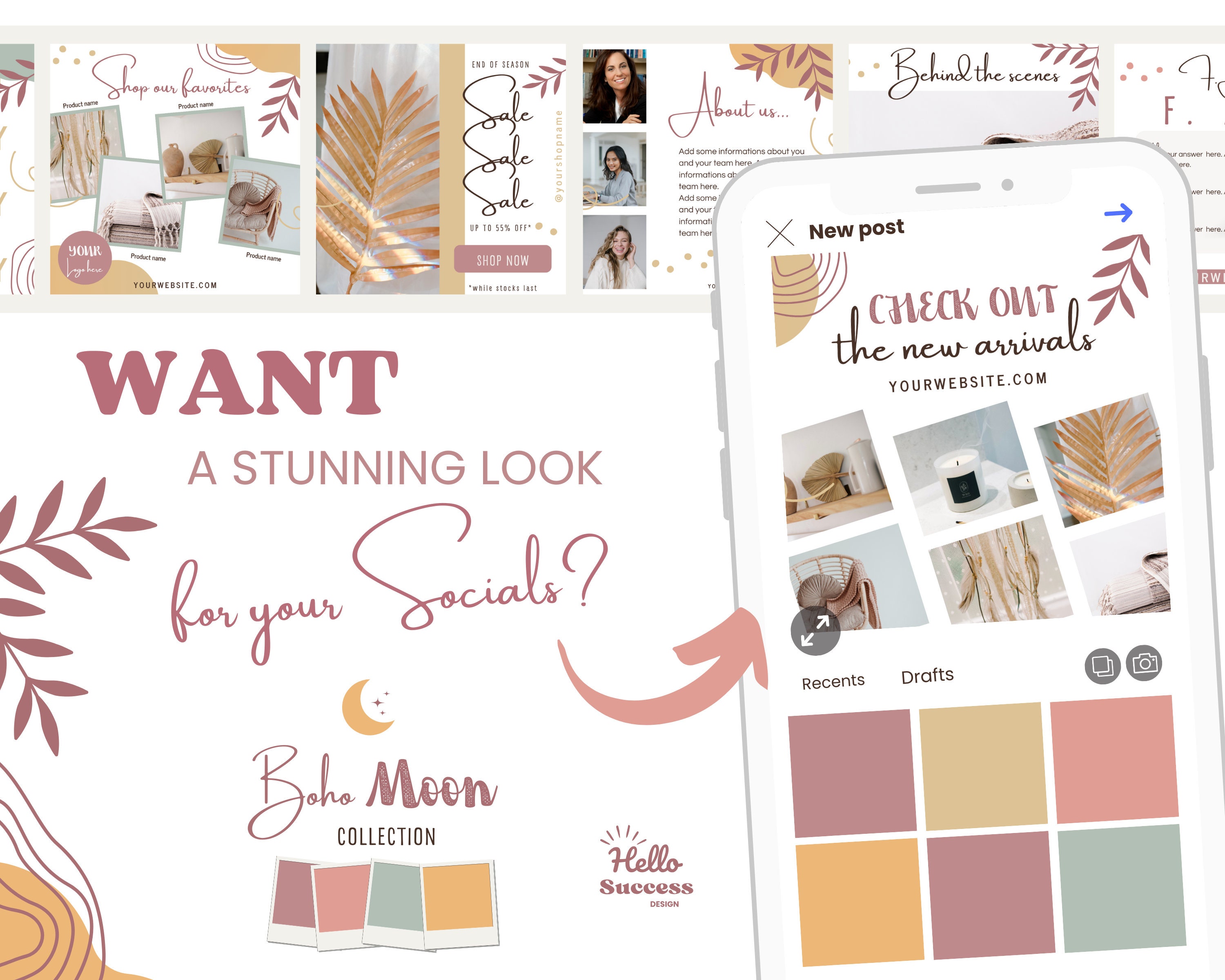 Boho Moon Instagram Post Templates - Natural Modern Feminine Handmade ...