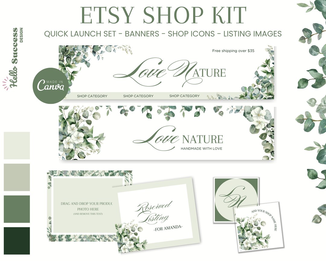Greenery Etsy Shop Kit -eucalyptus Watercolor Leaves Store Banner ...