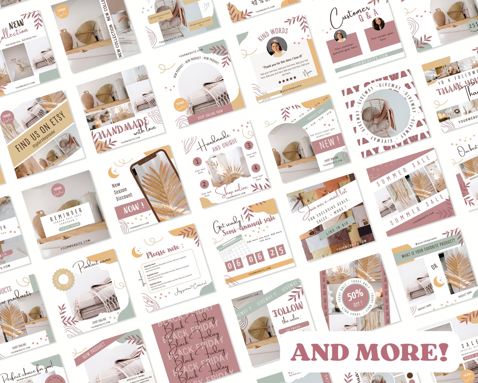 Boho Moon Instagram Post Templates - Natural Modern Feminine Handmade ...