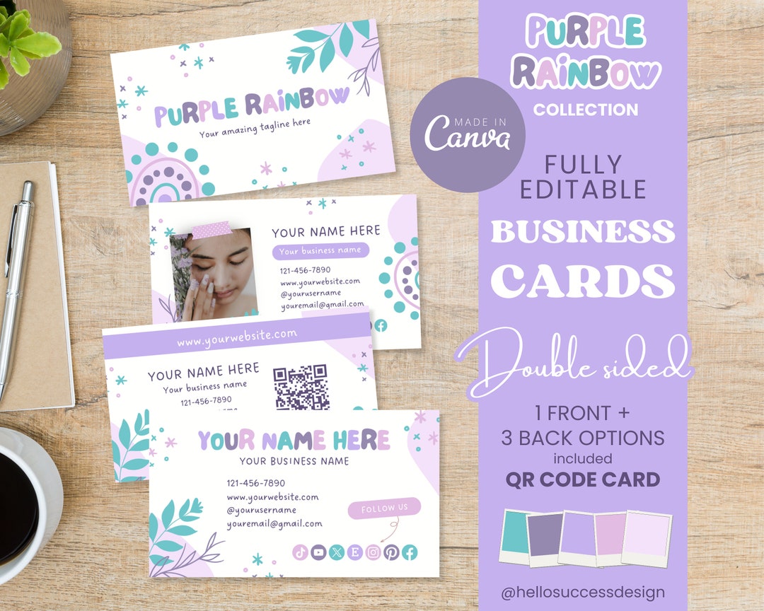 Purple Rainbow QR Code Business Card Template, Boho Colorful Bright ...