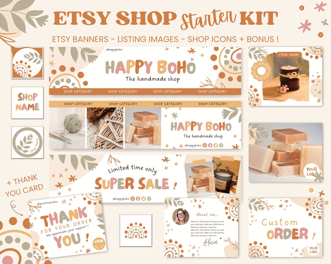 Happy Boho Etsy Shop Kit Pastel Etsy Shop Banner Canva Template ...