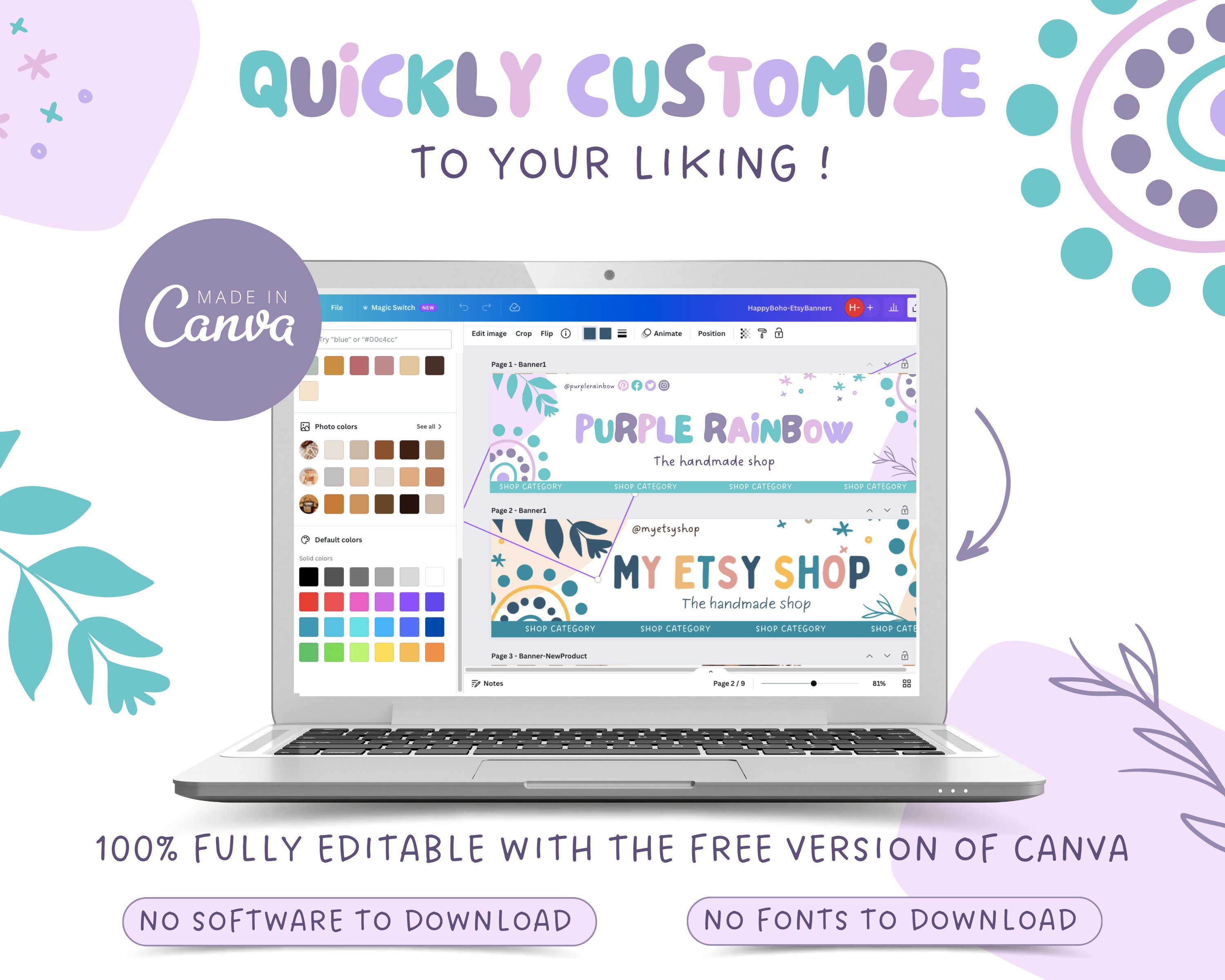 Purple Rainbow Etsy Shop Kit Etsy Shop Banner Canva Template Colorful ...