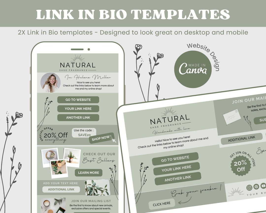 Sage Green Link in Bio Canva Templates - Links Website Instagram ...