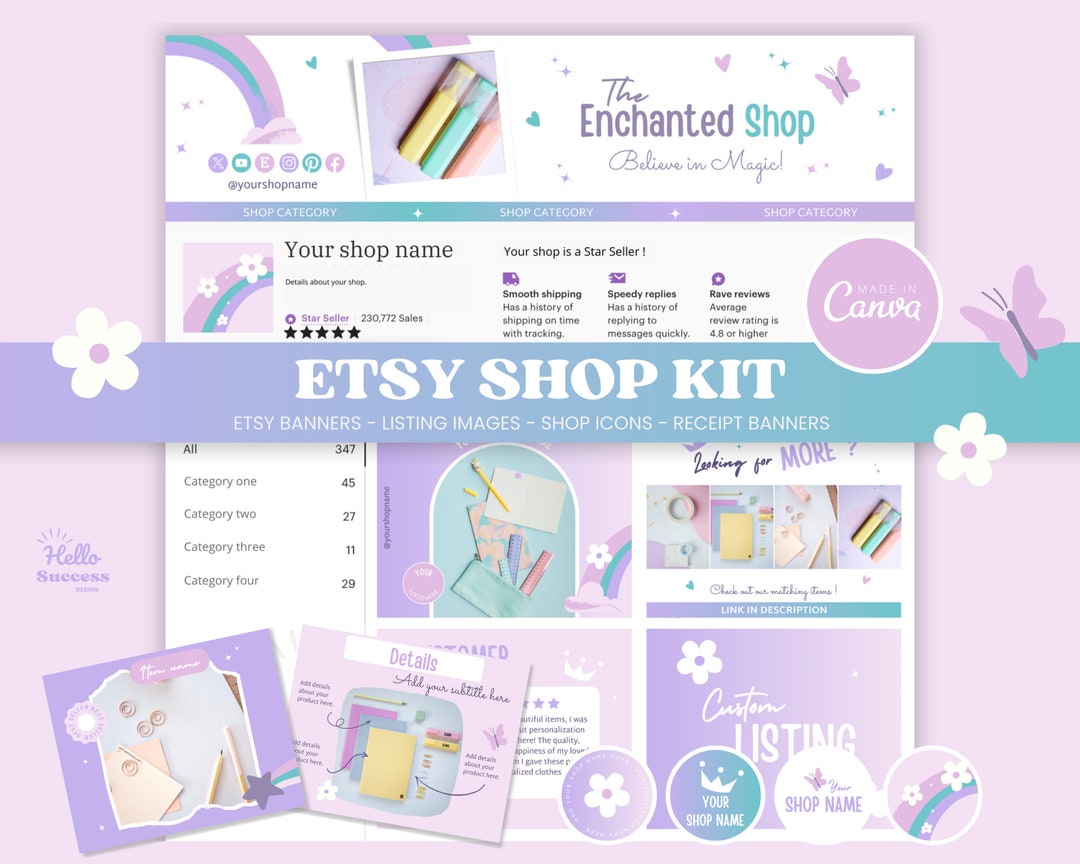 Pastel Etsy Shop Kit Store Banner Canva Template Colorful Digital Small ...
