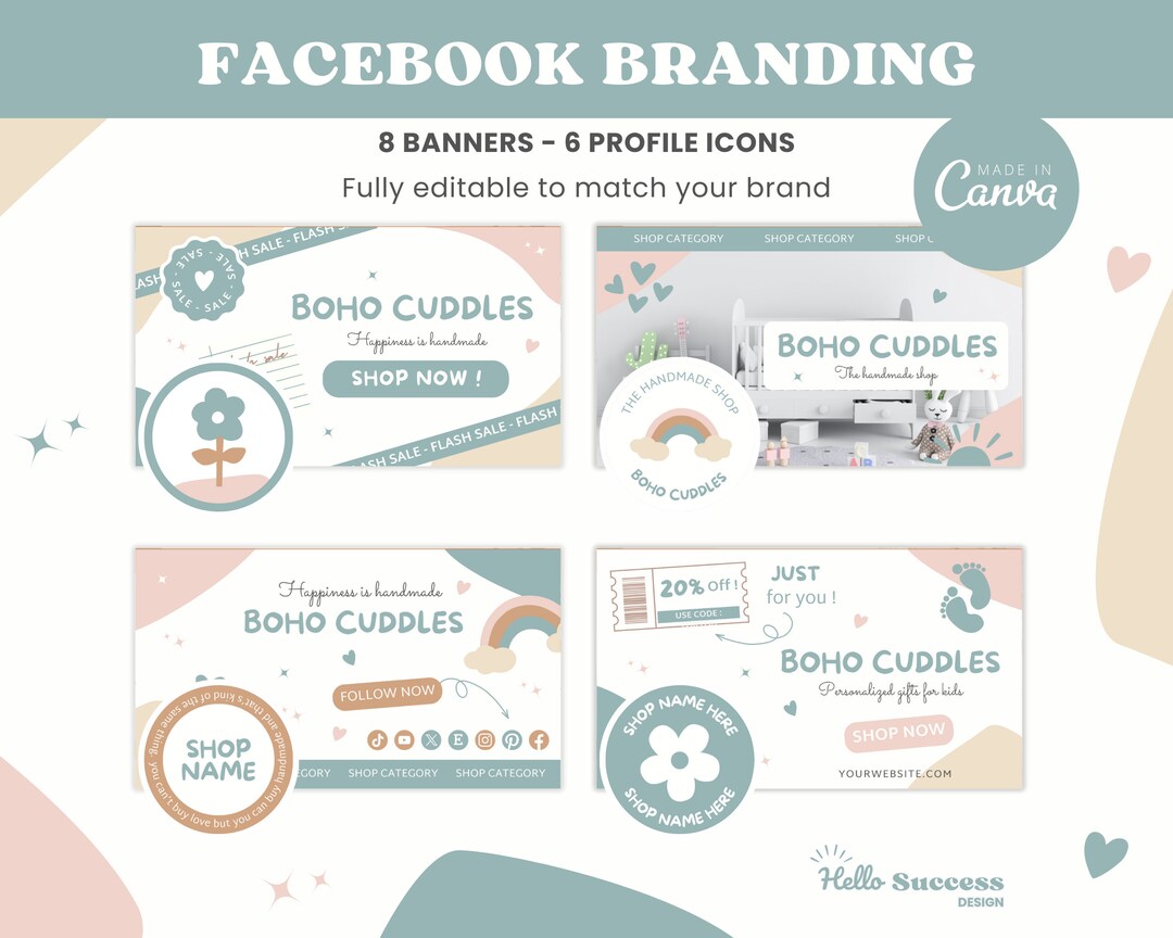 Pastel Boho Facebook Branding Kit -cute Banners Profile Icons Canva ...