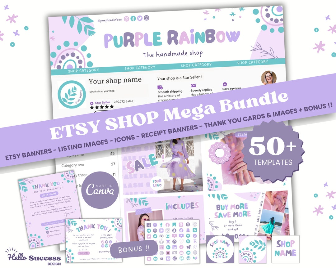 Purple Rainbow Etsy Shop Bundle Etsy Shop Banner Canva Template ...