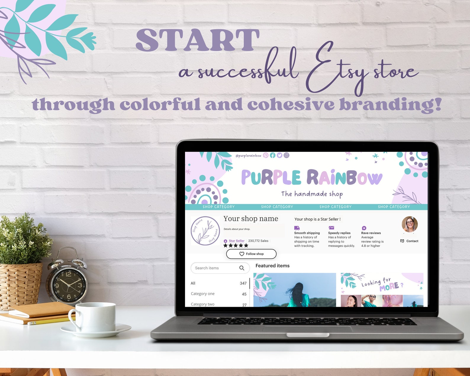 Purple Rainbow Etsy Shop Kit Etsy Shop Banner Canva Template Colorful ...