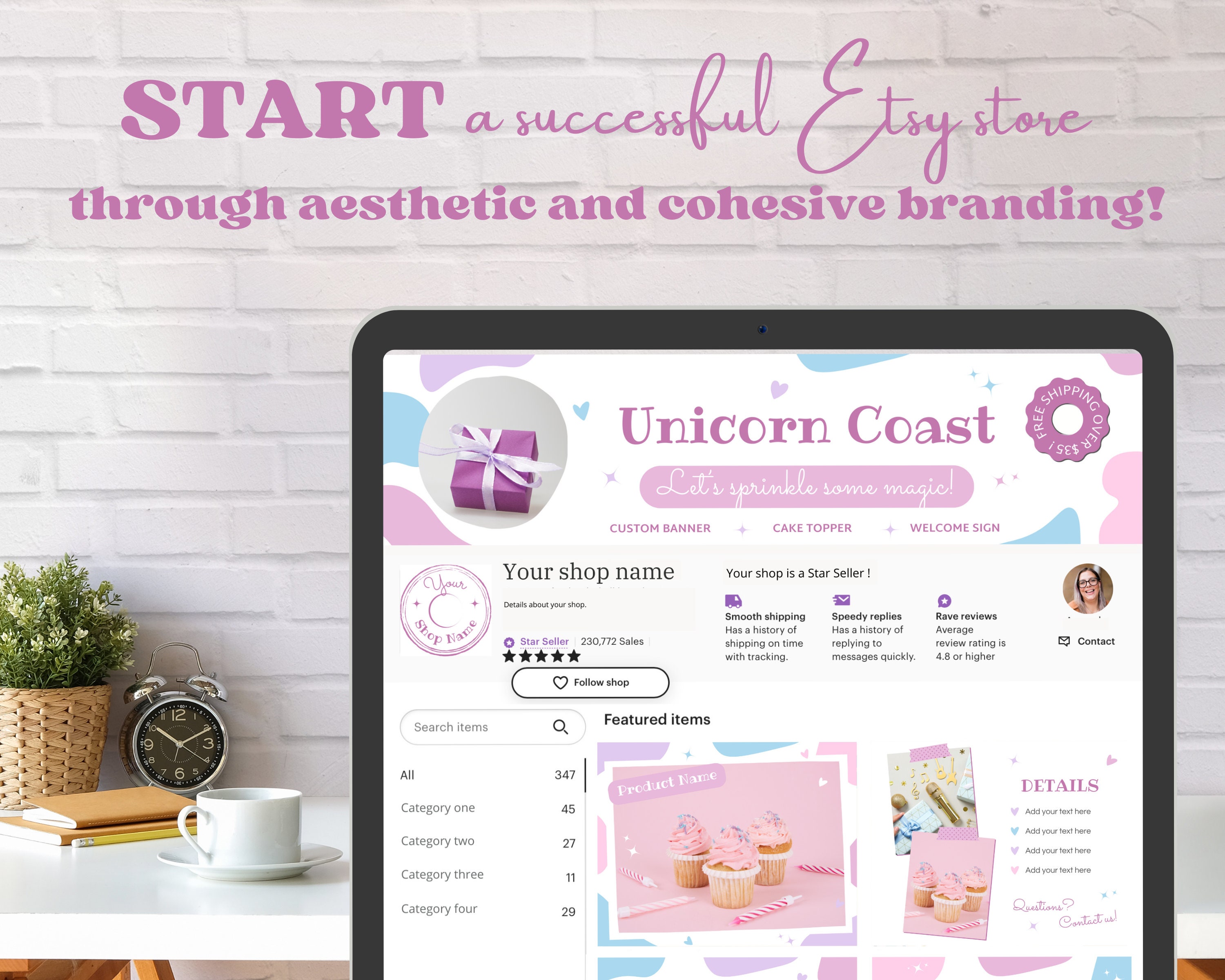 Pink Etsy Shop Kit Pastel Etsy Shop Banner Canva Template Handmade ...