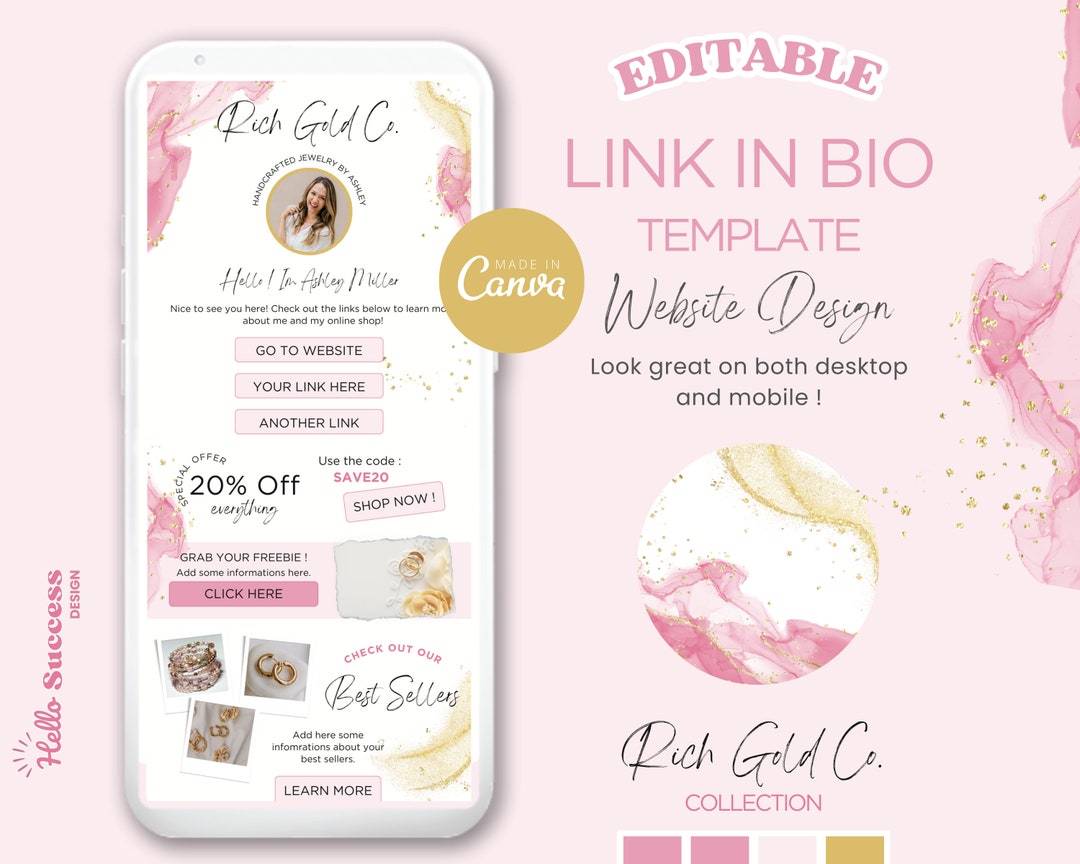 Pink Gold Link in Bio Canva Template Glitter Sparkle Website Instagram ...