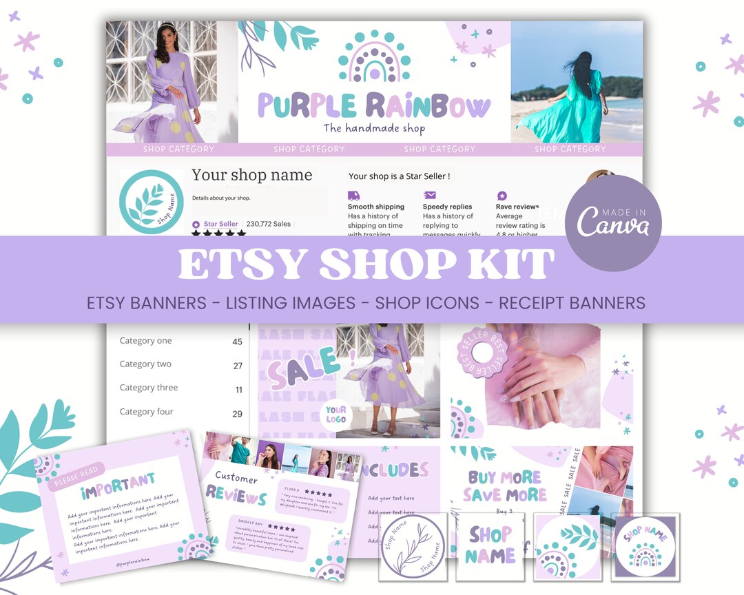 Purple Rainbow Etsy Shop Kit - Etsy Shop Banner Canva Template Colorful ...