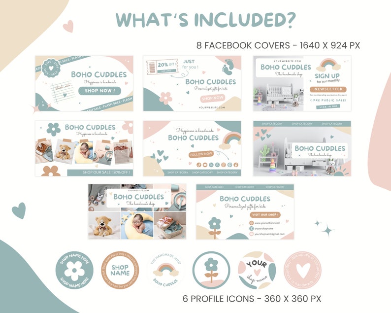 Pastel Boho Facebook Branding Kit -cute Banners Profile Icons Canva ...