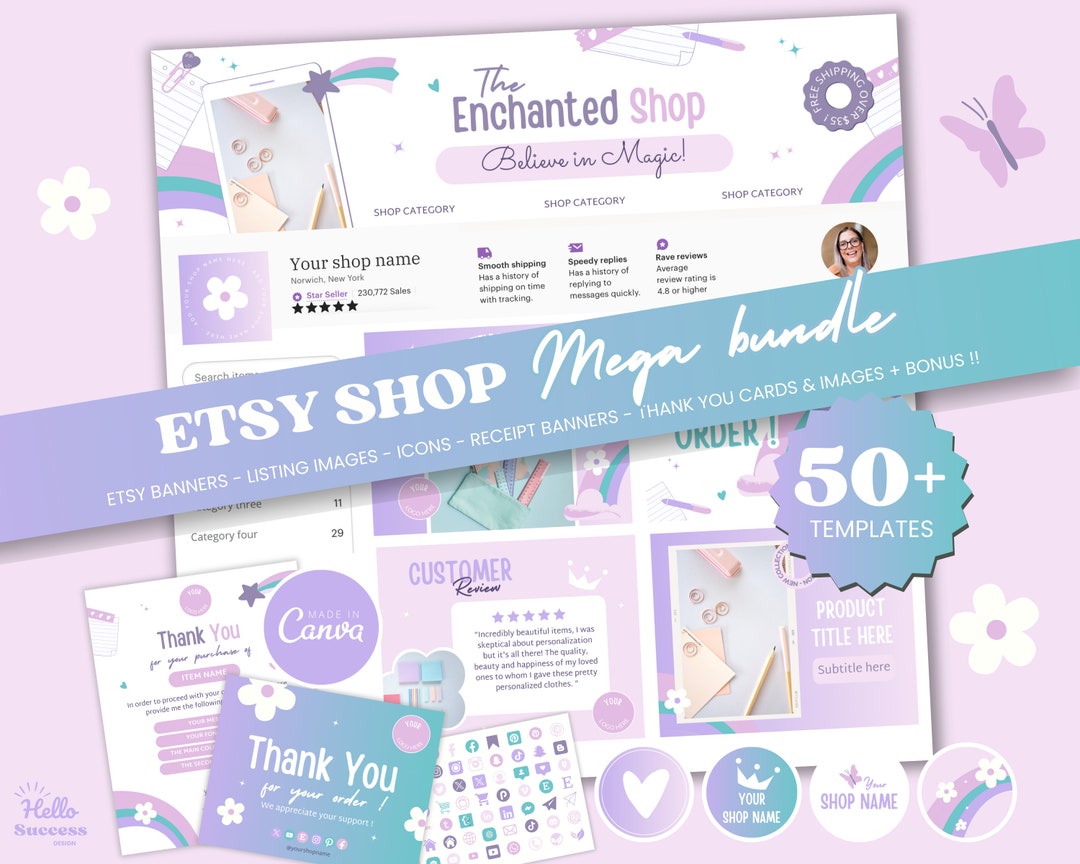 Pastel Etsy Shop Bundle Banner Canva Template Colorful Digital Product ...