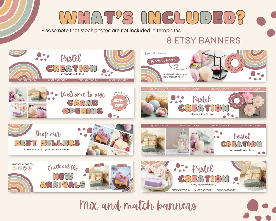 Pastel Boho Etsy Shop Kit - Rainbow Colors Banner Canva Template ...
