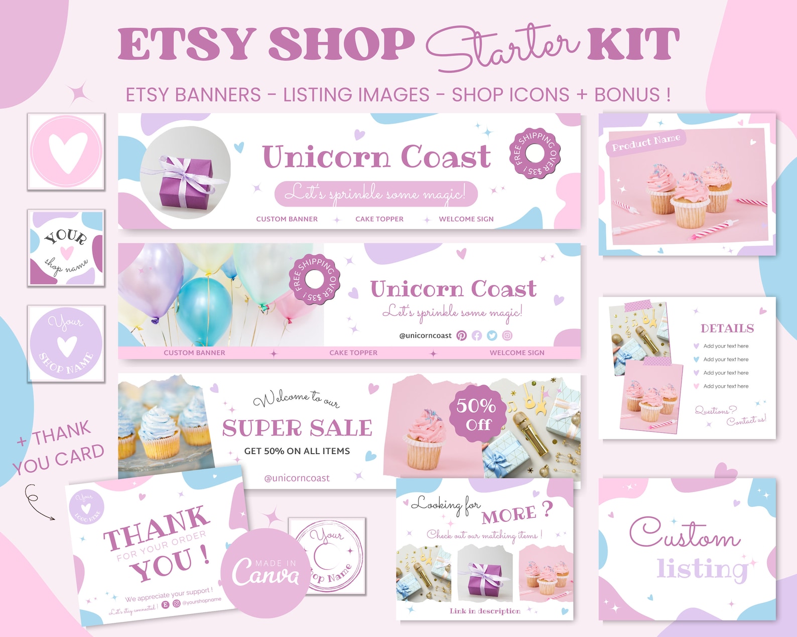 Pink Etsy Shop Kit Pastel Etsy Shop Banner Canva Template Handmade ...