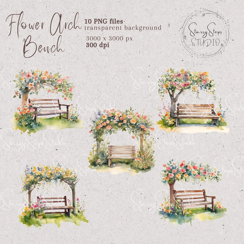 Watercolor Flower Arch Bench Clipart: Floral PNG Bundle (digital ...