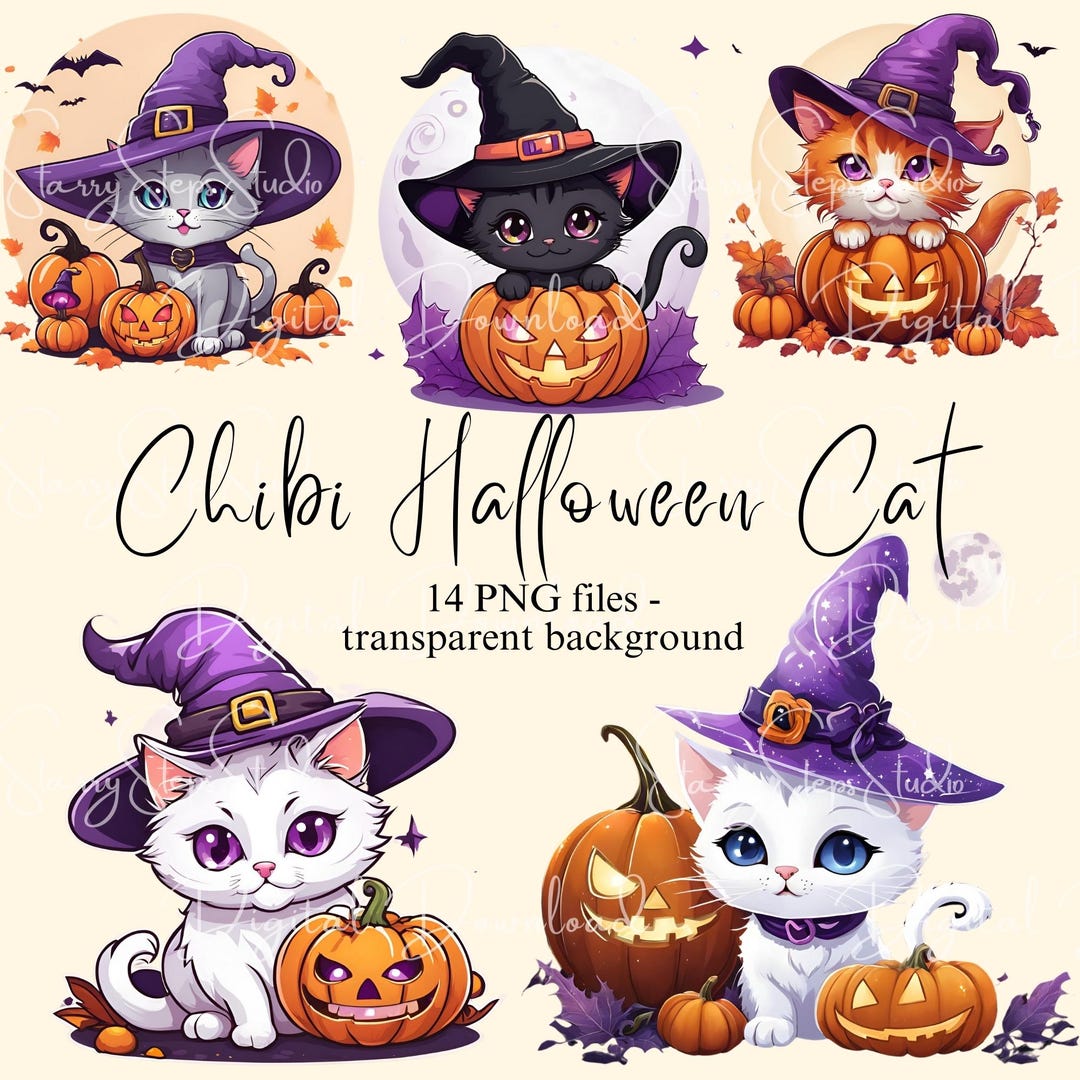 Chibi Halloween Cat Clipart: Transparent PNG, Commercial Use (digital ...