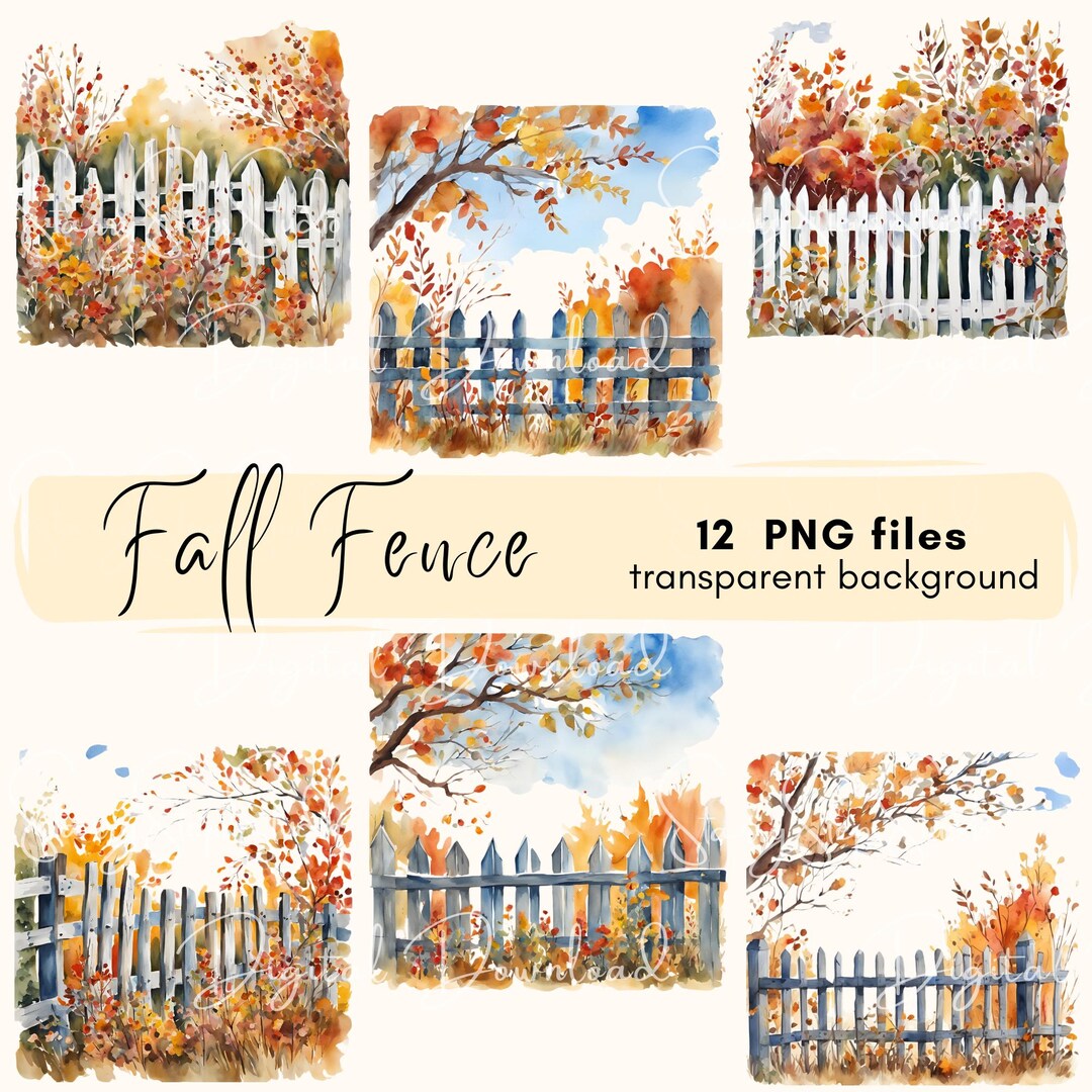Fall Fence Clipart Bundle: Watercolor Autumn PNG Files (commercial Use ...