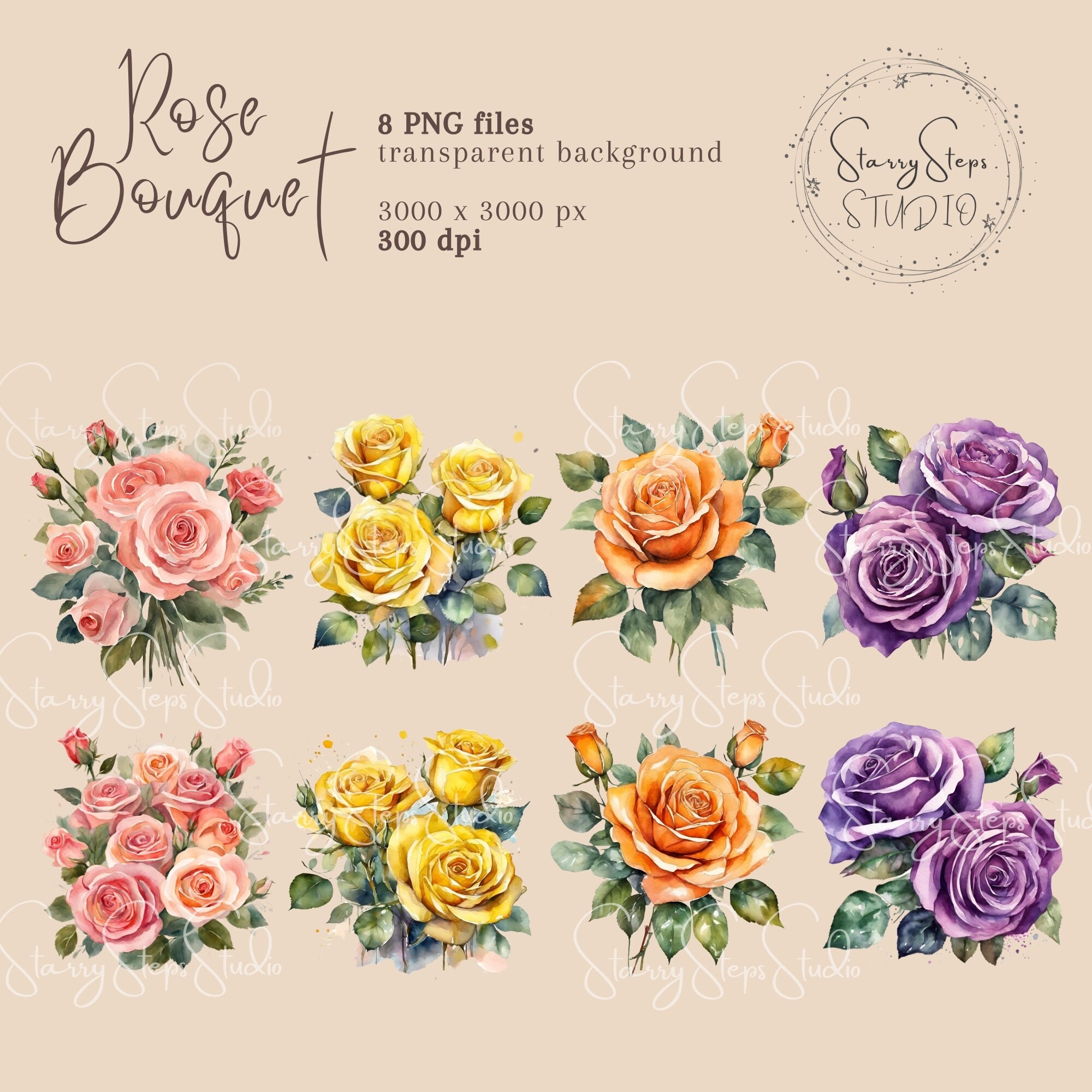 Rose Bouquet Clip Art Bundle Digital Download, Rose Bouquet Transparent ...