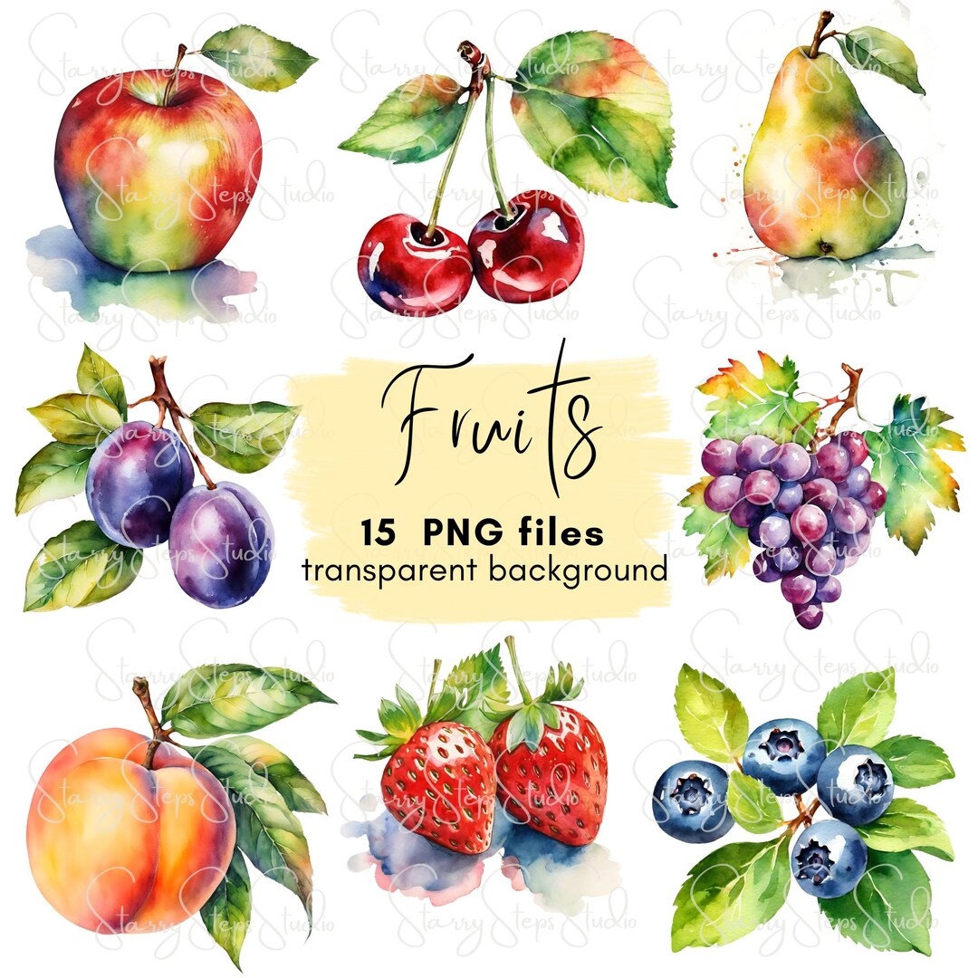 Watercolor Fruits Clipart Bundle: Transparent PNG Images (digital ...