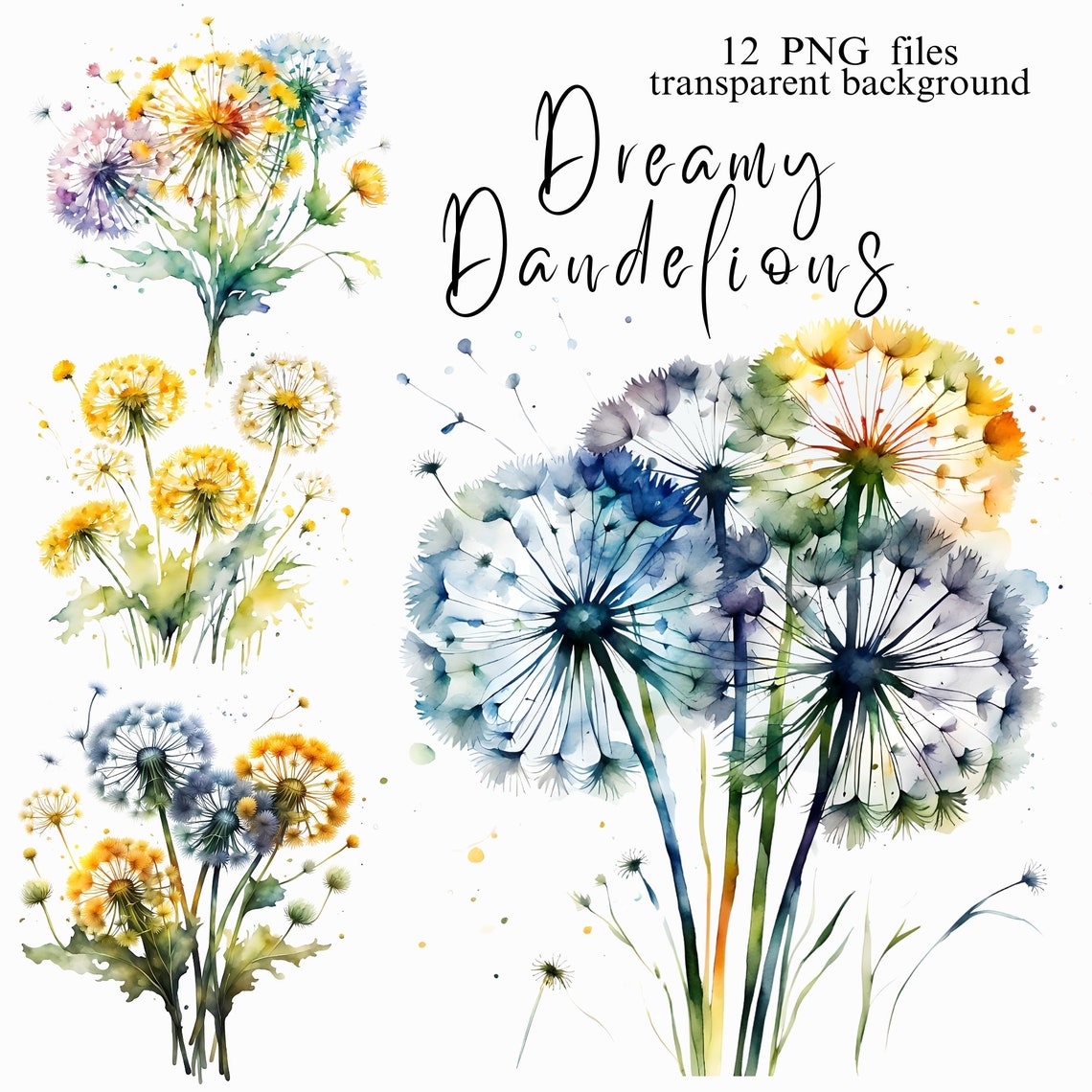 Watercolor Dandelion Clip Art: Dreamy PNG Files (digital Download) - Etsy