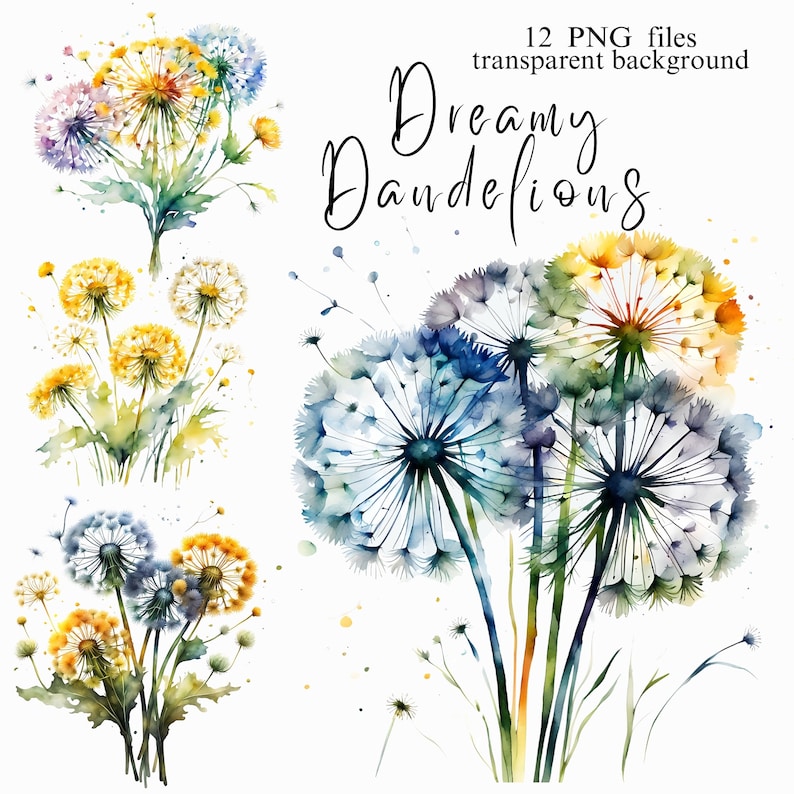 Dandelion Clip Art, Watercolor Dreamy Dandelions PNG Files, Digital ...