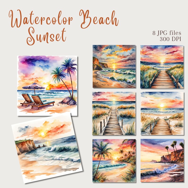 Watercolor Beach Sunset Clipart Bundle, Watercolor Beach Sunset Clip ...