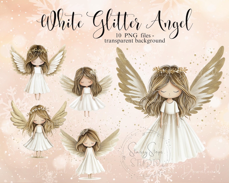 White Glitter Angel Clipart Digital Download, Glitter Angel Transparent ...