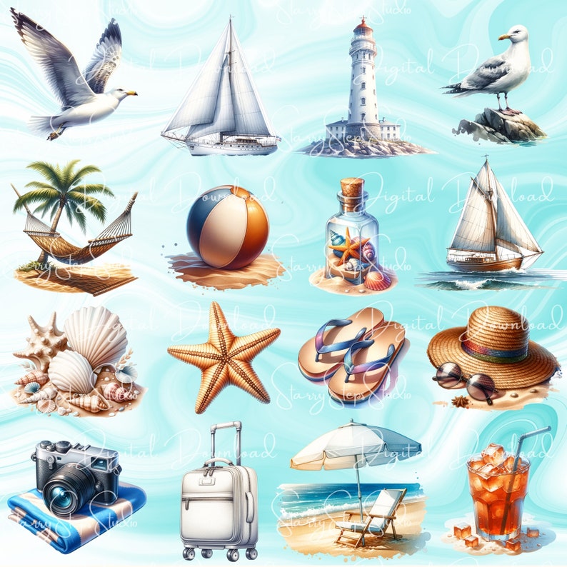 Summer Beach Clipart: Seaside Holiday PNG Images (digital Download) - Etsy