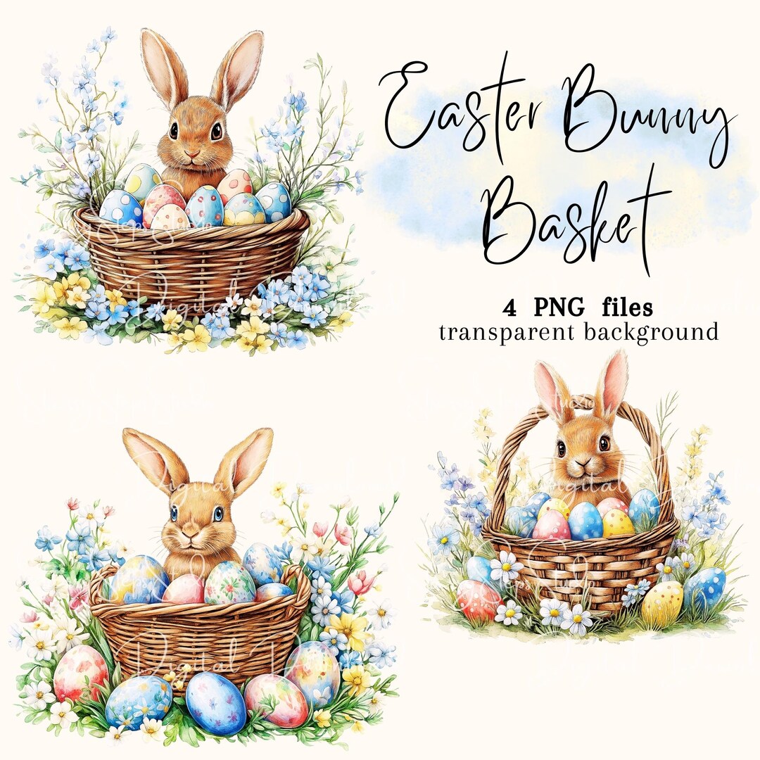 Easter Bunny & Eggs Basket Clipart: Transparent PNG (digital Download ...