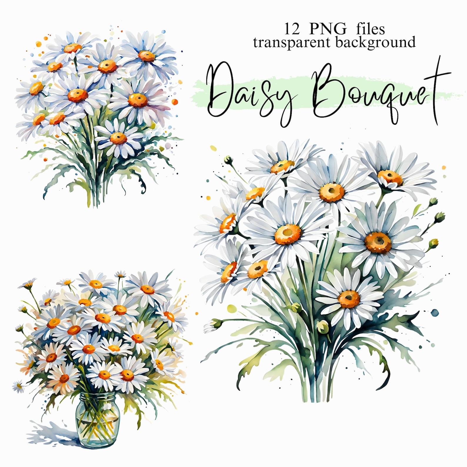 Daisy Bouquet Clip Art, Watercolor Daisies PNG Files, Digital Download ...