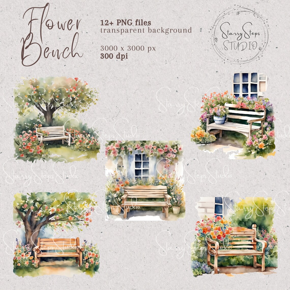 Watercolor Flower Bench Clipart: Transparent PNG Bundle (digital ...