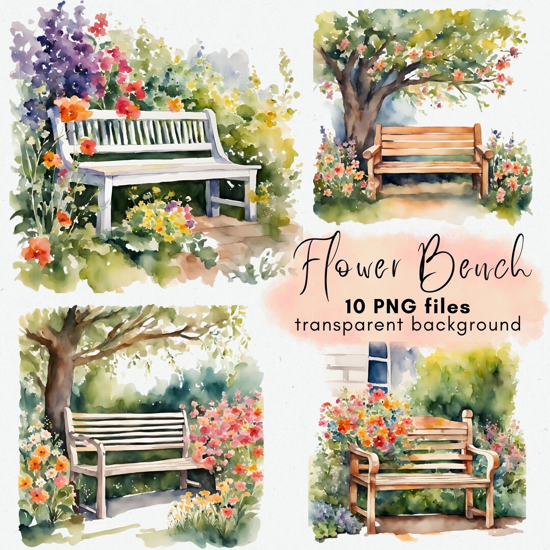 Flower Bench Clip Art Bundle Digital Download, Watercolor Floral Bench ...