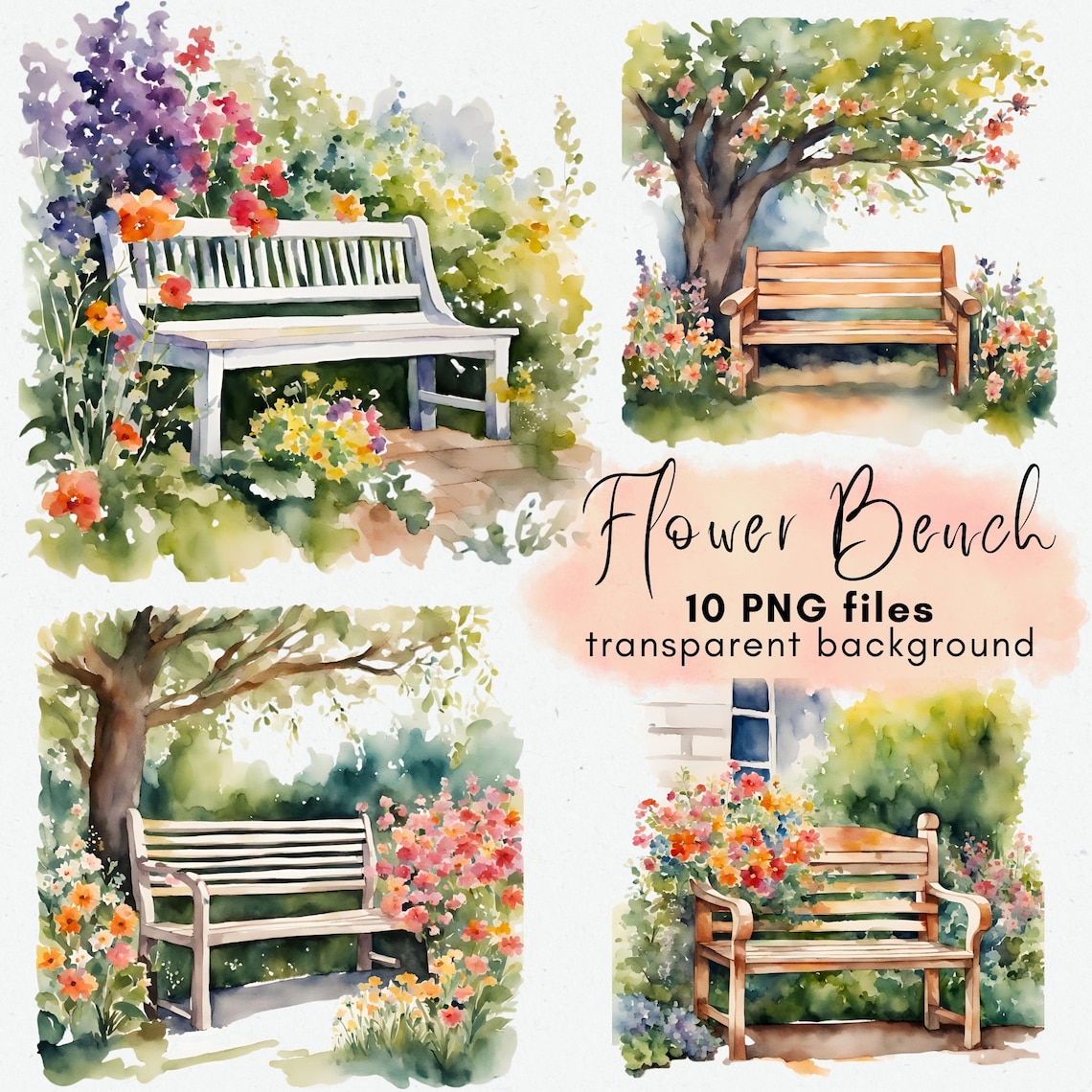 Watercolor Flower Bench Clipart: Transparent PNG Bundle (digital ...