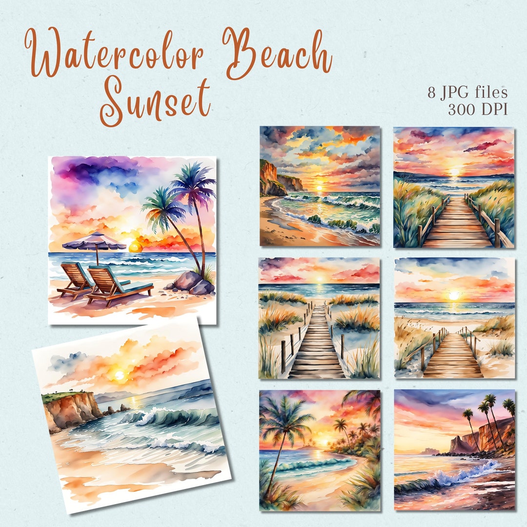 Watercolor Beach Sunset Clipart Bundle, Watercolor Beach Sunset Clip ...