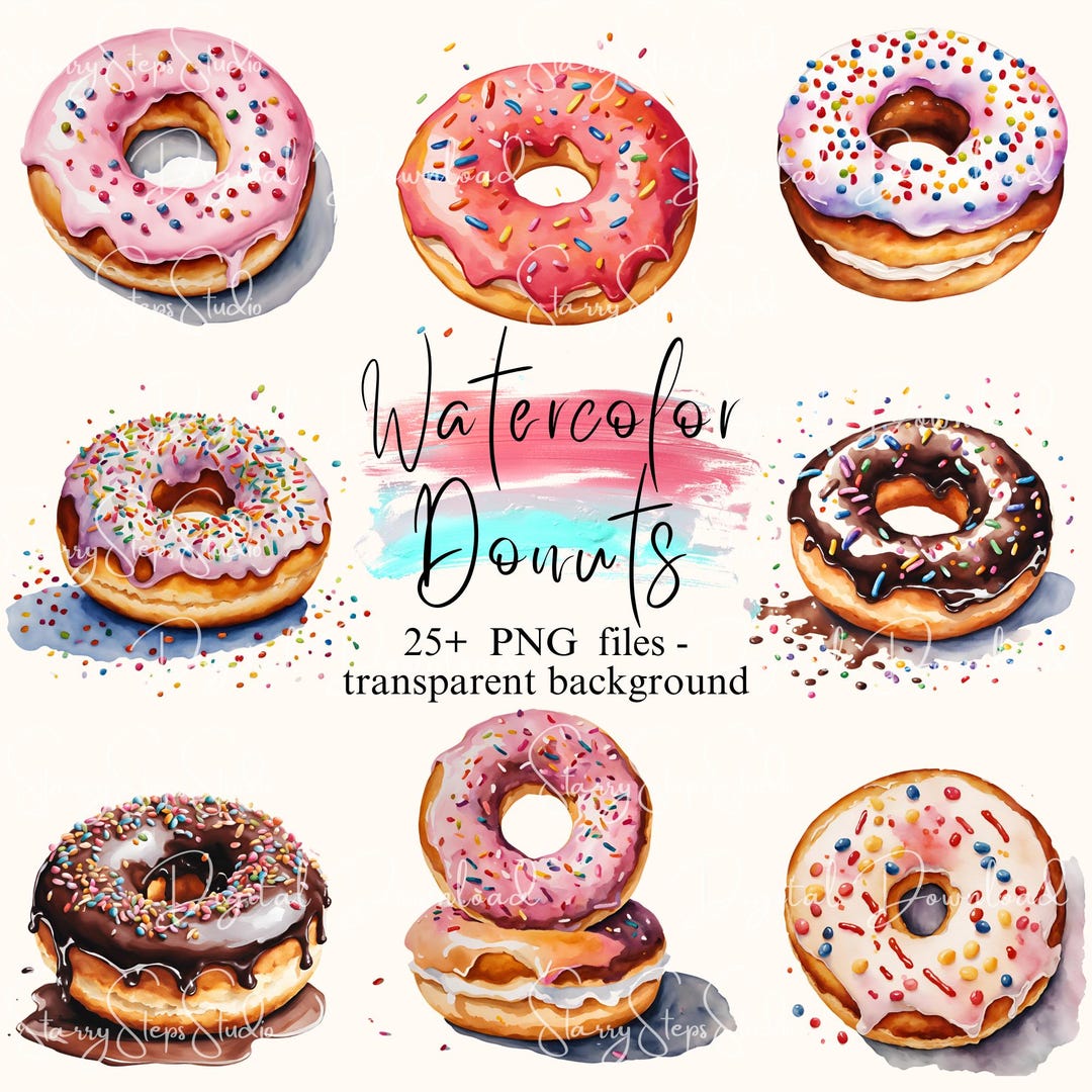 Watercolor Donuts Clipart: Transparent PNG Graphics (digital Download ...