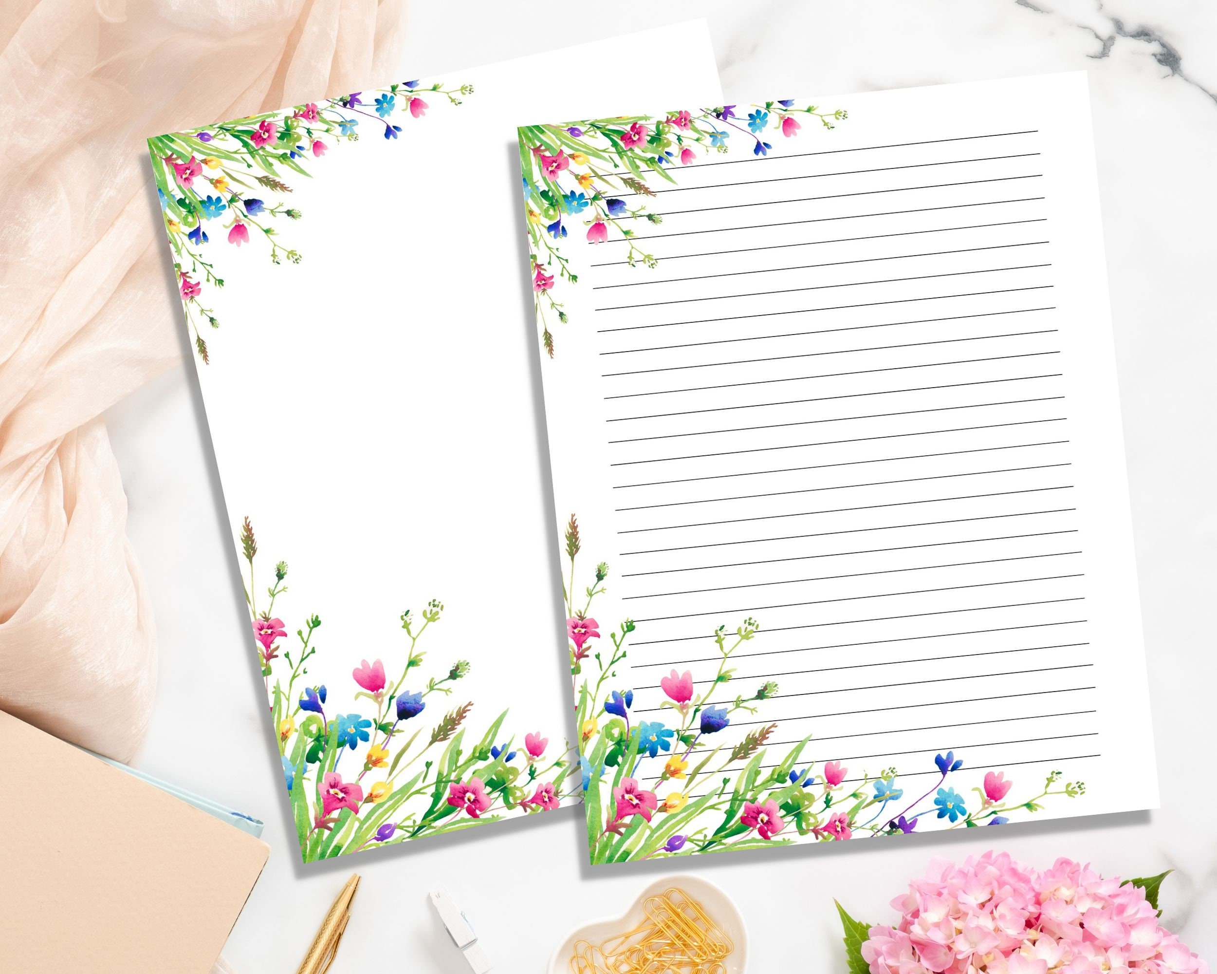Floral Lined Paper, Floral Blank Paper, Writing Paper Digital Download ...