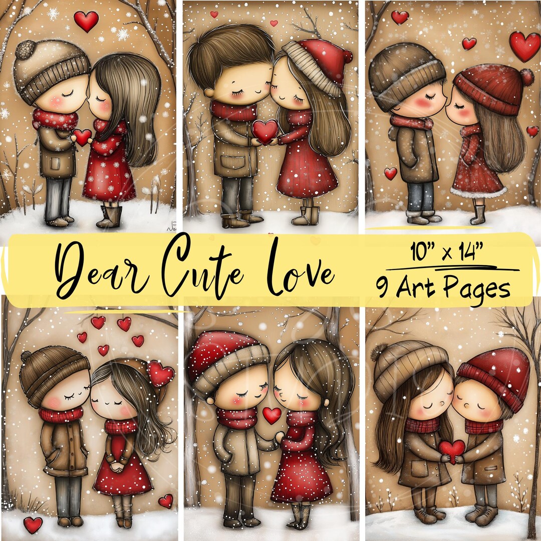 Cute Love Collage Art Pages, Boy, Girl and Heart Digital Crafting Paper ...