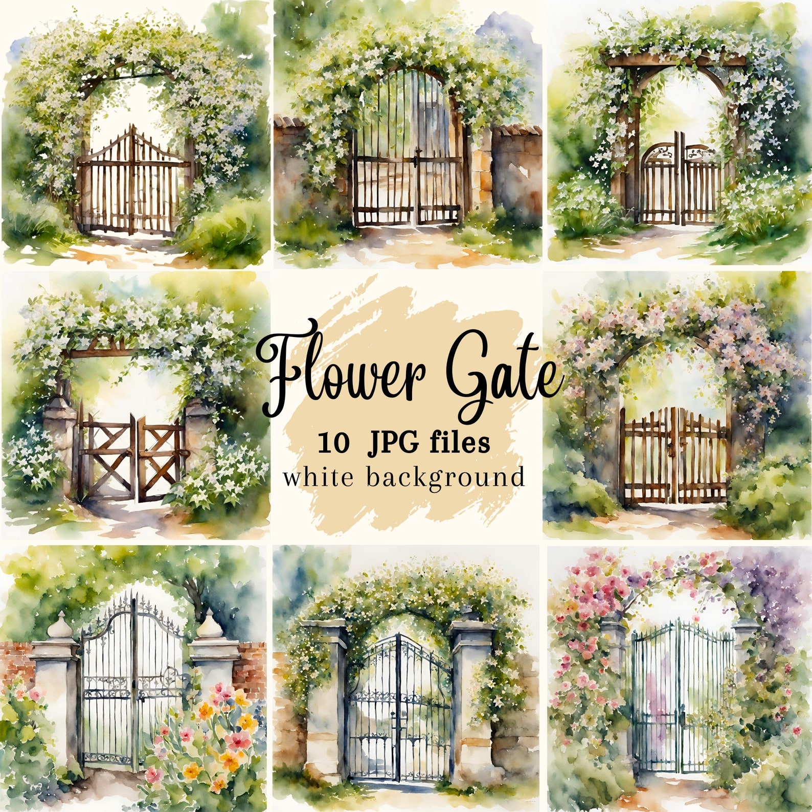 Flower Gate Clipart Bundle, Floral Gate Clipart Digital Download, Bloom ...