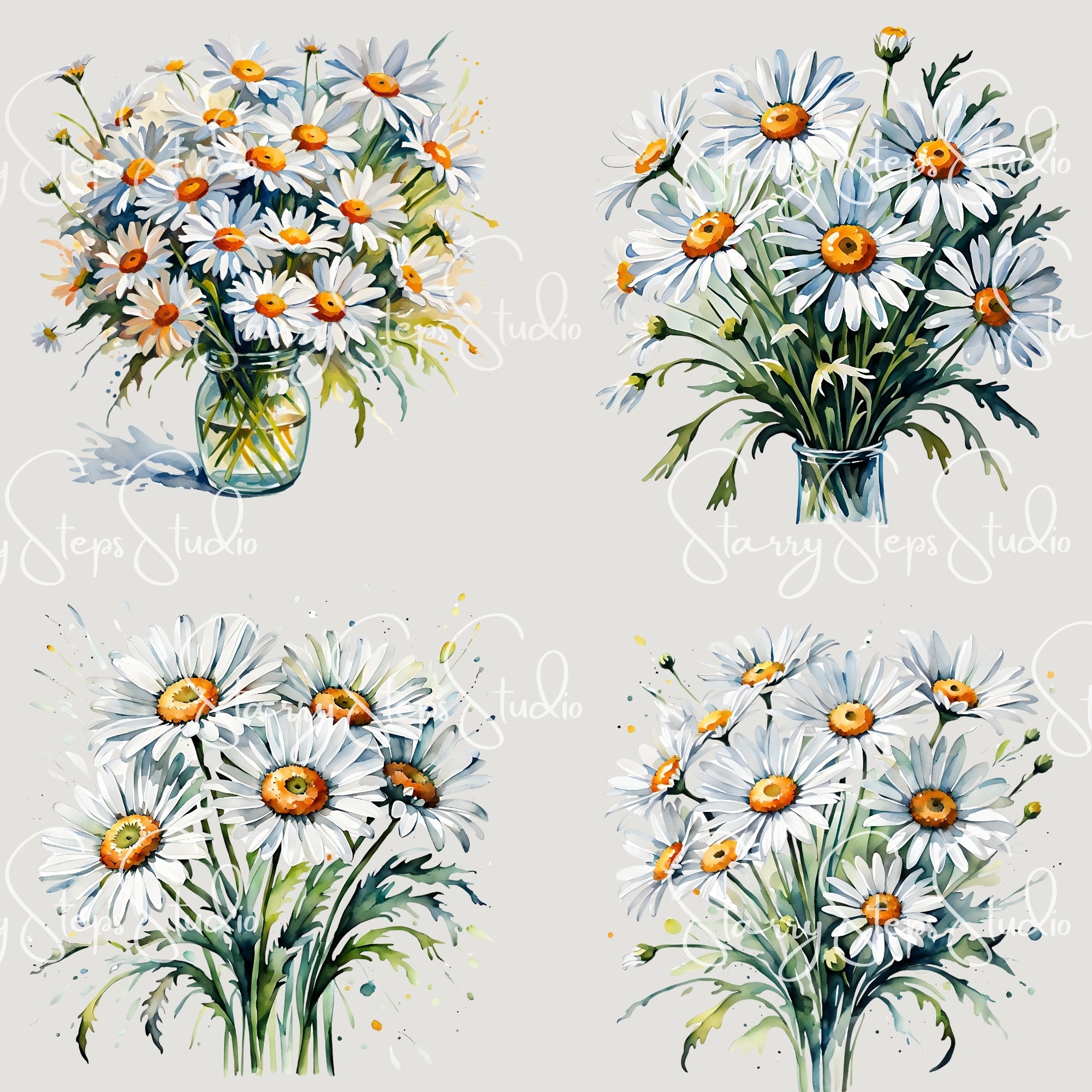 Daisy Bouquet Clip Art, Watercolor Daisies PNG Files, Digital Download ...