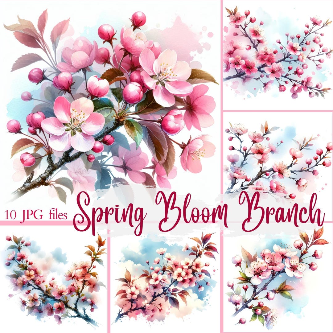 Spring Bloom Branch Clipart, Watercolor Spring Bloom Clip Art Digital ...
