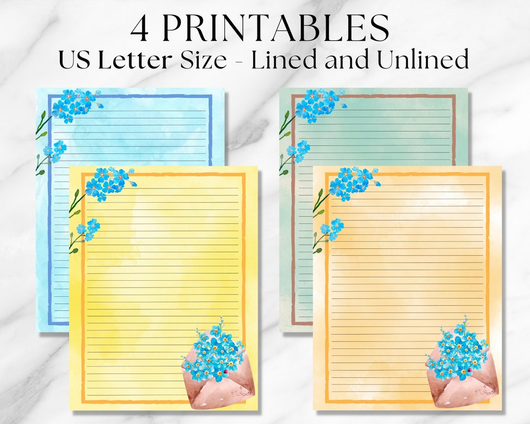 Printable Blue Flower Stationery Set, Lined Printable Paper, Blank ...