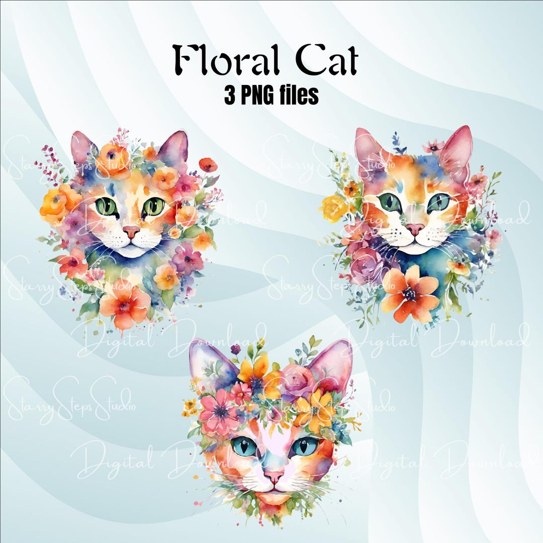 Flower Cat Design PNG Sublimation Design, Floral Cat PNG, Cat Clipart ...