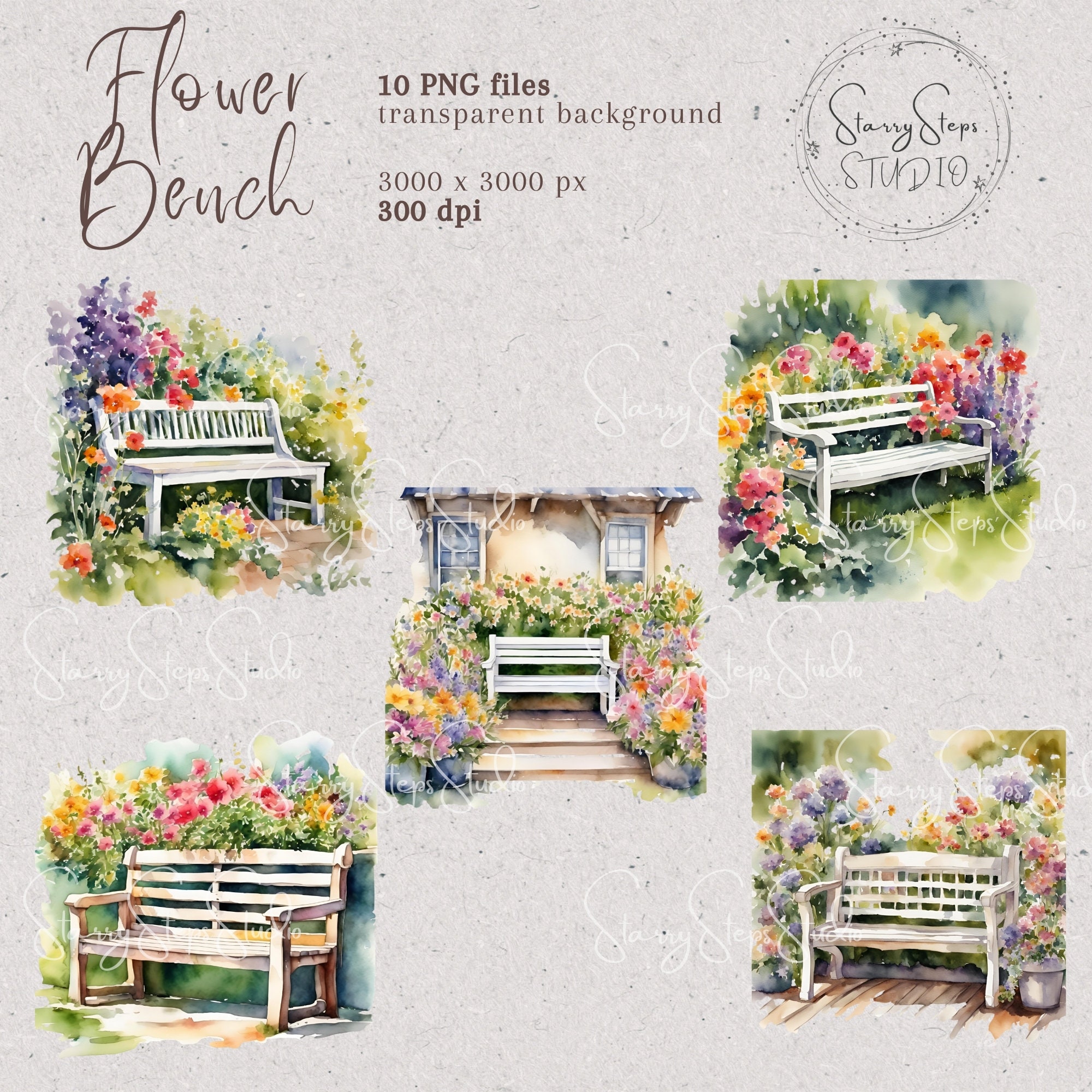 Watercolor Flower Bench Clipart: Transparent PNG Bundle (digital ...