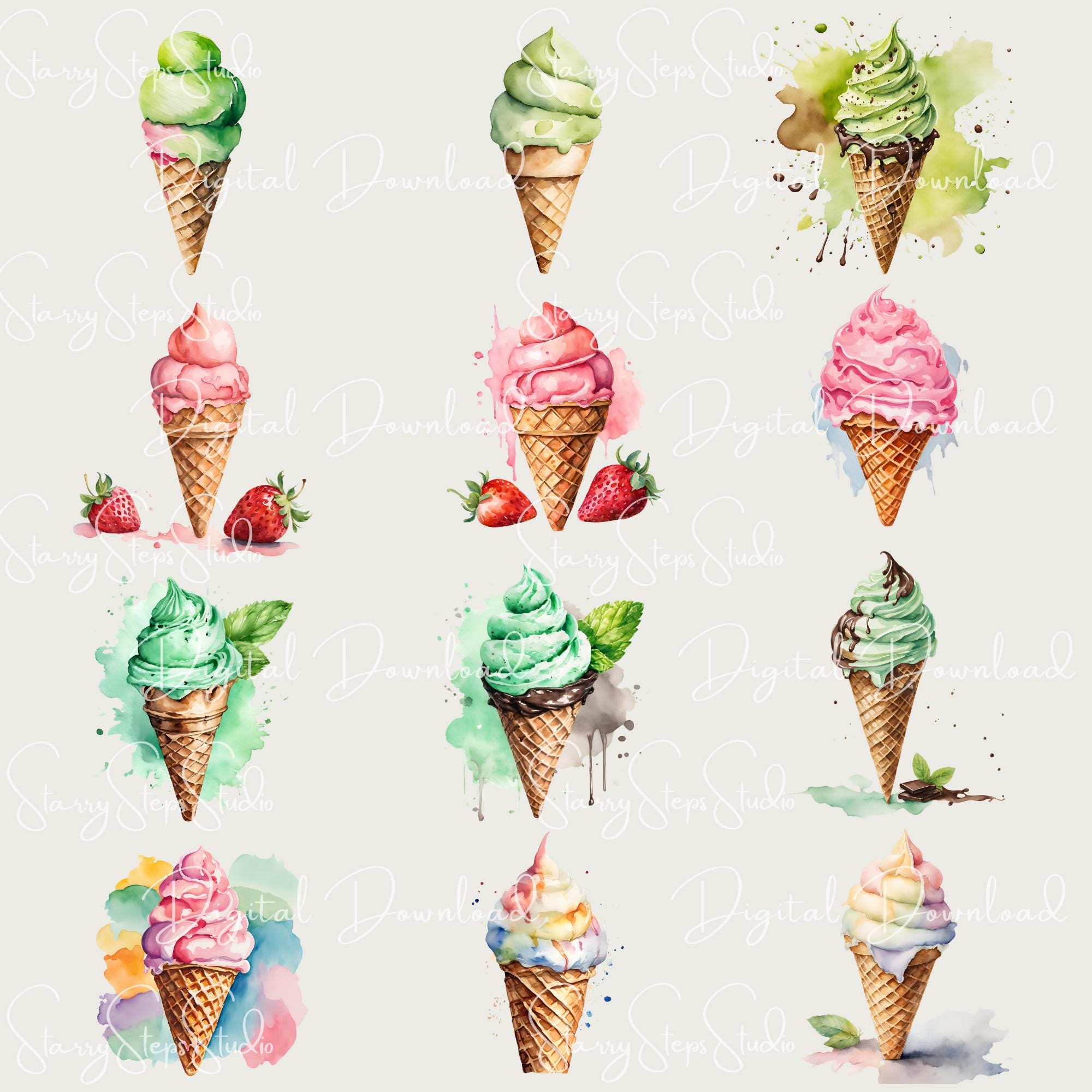 Watercolor Icecream Clipart Digital Download, Watercolor Icecream ...