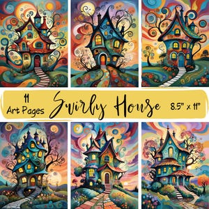 Swirly House Art Pages, Whimsical House Paper Pack, Quirky Art Digital ...