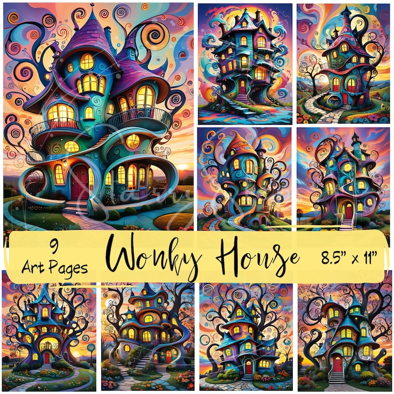 Wonky House Art Pages, Whimsical House Paper Pack, Quirky Art Digital ...
