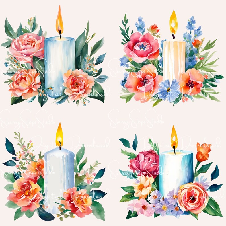 Floral Candle Clip Art Bundle: Watercolor PNG Files (commercial Use) - Etsy