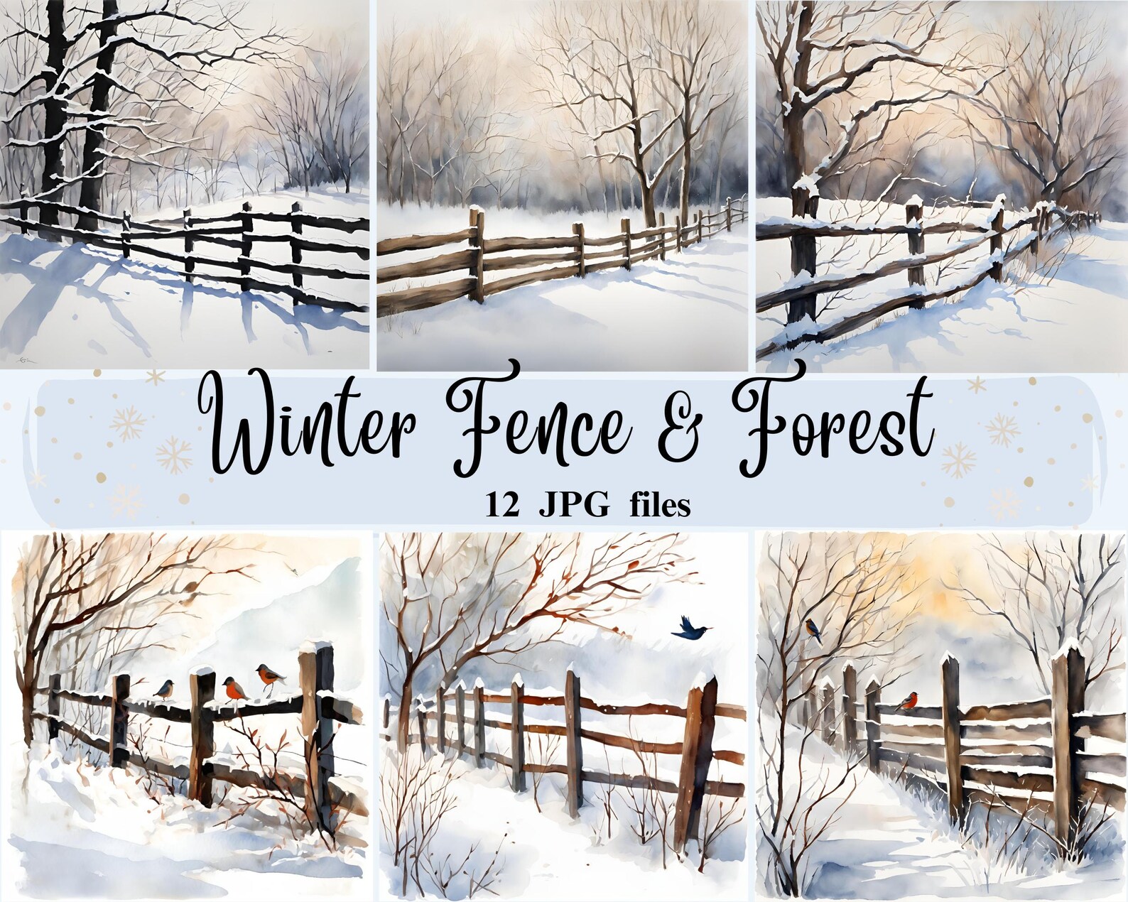 Winter Fence Forest Clipart: JPG Nature Backgrounds (digital Download ...